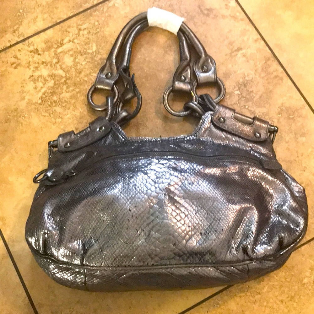 Sabina New York Grey Metallic Snake Print Shoulder Ba… - Gem